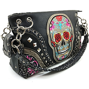 Justin West Fashion Mulitcolor Embroidered Floral Sugar Skull Women Purse Shoulder Handbag Flat Wallet (Beige Wallet)