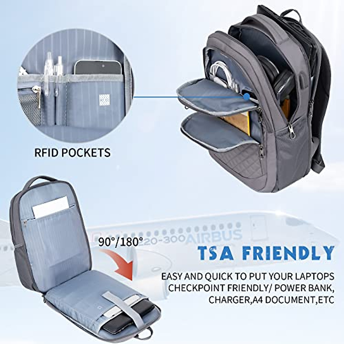 KROSER Travel Laptop Backpack 17 Inch Large Computer Backpack Water-Repellent Daypack with USB Charging Port & Headphone Interface RFID Pockets for Work/Business/College/Men/Women Dark grey(Quilted)