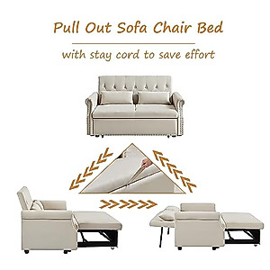 Meesifeel 55" Queen Sleeper Sofa, 3 in 1 Convertible Sofa Bed, Comfy Velvet Loveseat, Adjustable Backrest Futon Sofa Bed, Pull Out Couch, Lounge Sofa Chair Bed, Beige Sofas for Living Room Bedroom