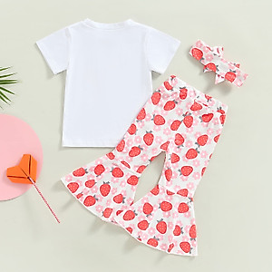 Xiaodriceee Toddler Baby Girl Summer Bell Bottom Outfit Kids Short Sleeve Letter T-Shirt Top Matching Flare Pants Set(HA-Strawberry White+Red,3-4T)