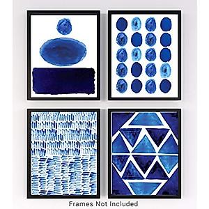 Abstract Blue No.7 Bold Geometric Shapes Wall Art Prints. Set of 4 8x10 UNFRAMED Modern Watercolor Decor. Shades of Navy, Royal, Indigo Blue & White.