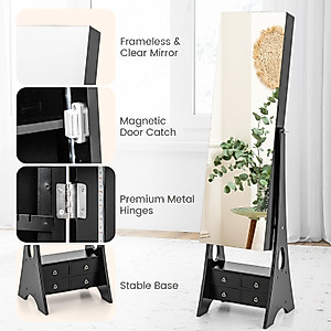 LOKO Freestanding Jewelry Cabinet with LED Light Strip, Lockable Jewelry Armoire w/ 3 Adjustable Angle, Foldable Organizer Storage w/High Full Length Mirror for cloakroom bedroom living room (Black)