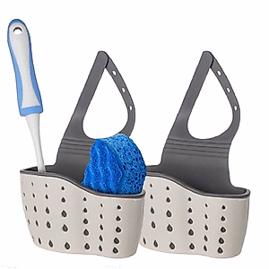 Comfecto Kitchen Faucet Sponge Holder, 2 Pack Hanging Kitchen Faucets Caddy Organizer with Adjustable Strap and Holes for Drying, Space Saving Sink Sider for Dish Soap Dishwashing Brush