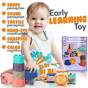 Montessori Toys Baby Bath Toy: 12 Pack Infant Stacking Cup Building Blocks for Boys& Girls 6 to 12 Months and Up - Sensory Teething Toy Play - Sensory Animal Squeeze Block Set