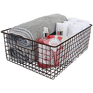 Kitchen Basics 101 Large Farmhouse Metal Wire Storage Basket Bins with Handles 16" x 12" x 6" Closets, Shelves, Cabinets, Bathrooms (Bronze, 2)