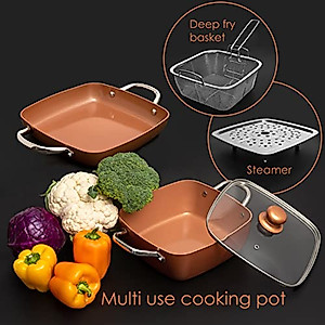 Moss & Stone Copper 6 Piece Set Chef Cookware, Non Stick Pan, Deep Square Pan, Fry Basket, Steamer Tray, Dishwasher & Oven Safe, 5 Quart Copper Pot Set, Copper Induction Cookware Set