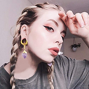 Casvort 2 PCS 12mm (1/2'') Hypoallergenic 316 Stainless Steel Gold Saddle Tunnels Hangers Amethyst Stone Dangle Ear Gauges Plugs Stretcher Earring Body Jewelry