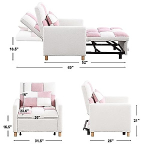 VKKILPEE Pink Convertible Sleeper Sofa Chair Bed 3-in-1 Single Bed with Pillow, Multi-Functional Adjustable Futon Couch Sleeper with Soft Teddy Fabric for Living Room Dorm Apartment Bedroom Office