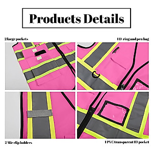 evershare Pink Safety Vest Reflective High Visibility with 5 Pockets and Zipper Class 2 for Men and Women Unisex Fluorescent Construction Security Volunteer Outdoor Traffic Workwear