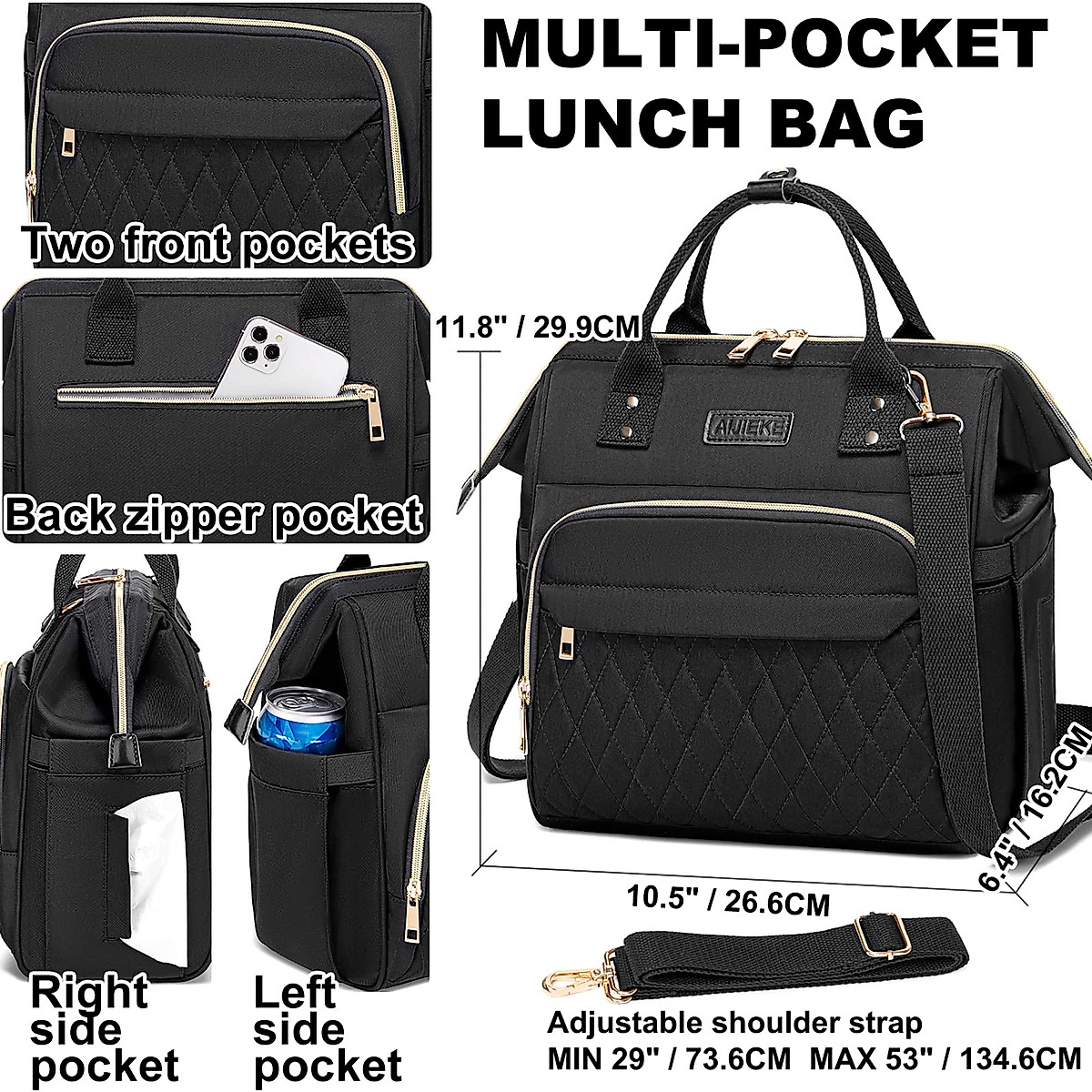 AIJIEKE Lunch Bag for Women, Large Lunch Box for Work Insulated Lunch Bag, Adult Leakproof Lunch Tote Cooler Bag with Side Pockets & Adjustable Strap, Lunch Purse for Picnic Beach, Black