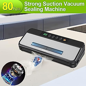 OSEYM Vacuum Sealer Machine, 80Kpa Automatic Food Sealer Machine, Food Sealers Vacuum Packing Machine with Cutter & Bags, Air Sealing System for Dry/Moist Modes, Sealing Time Display, LED Indicator Lights, Visible Sealing Affection