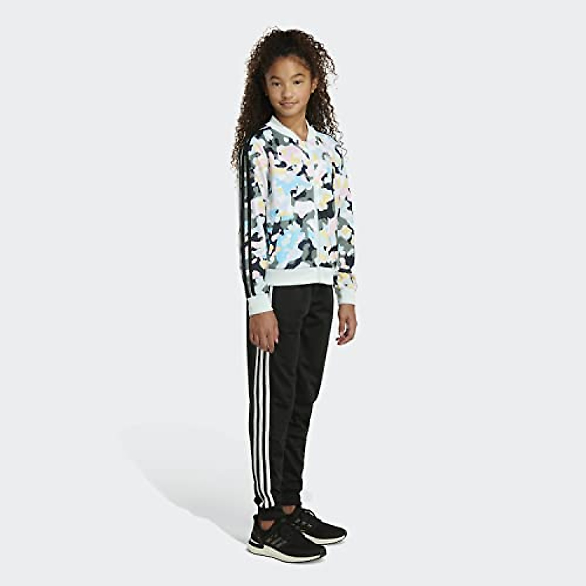 adidas Girls' Zip Front Tricot Bomber Jacket, White with Multicolor, Medium