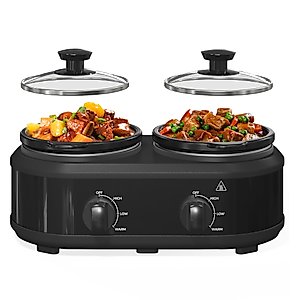 Double Slow Cooker Buffet Server and Warmers, Small Slow Cooker with 3 Individual Adjustable Temp, Dishwasher Safe Dual Ceramic Pots, Total 2.5 Quarts, Black