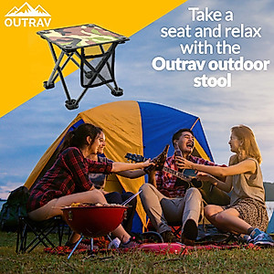 Outrav Camping Stool - Outdoor Travel Folding Small Chair - Portable Stool for Camping, Fishing, Hiking, Gardening, & Beach - Heavy Duty, Lightweight Easy to Carry Camping Seat with Carry Bag (Camo)