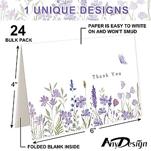 AnyDesign 24 Pack Wildflower Thank You Cards Bulk Purple Flower Greeting Cards with Envelope Sticker Floral Blank Note Cards for Birthday Wedding Baby Shower Bridal Shower, 4 x 6 Inch