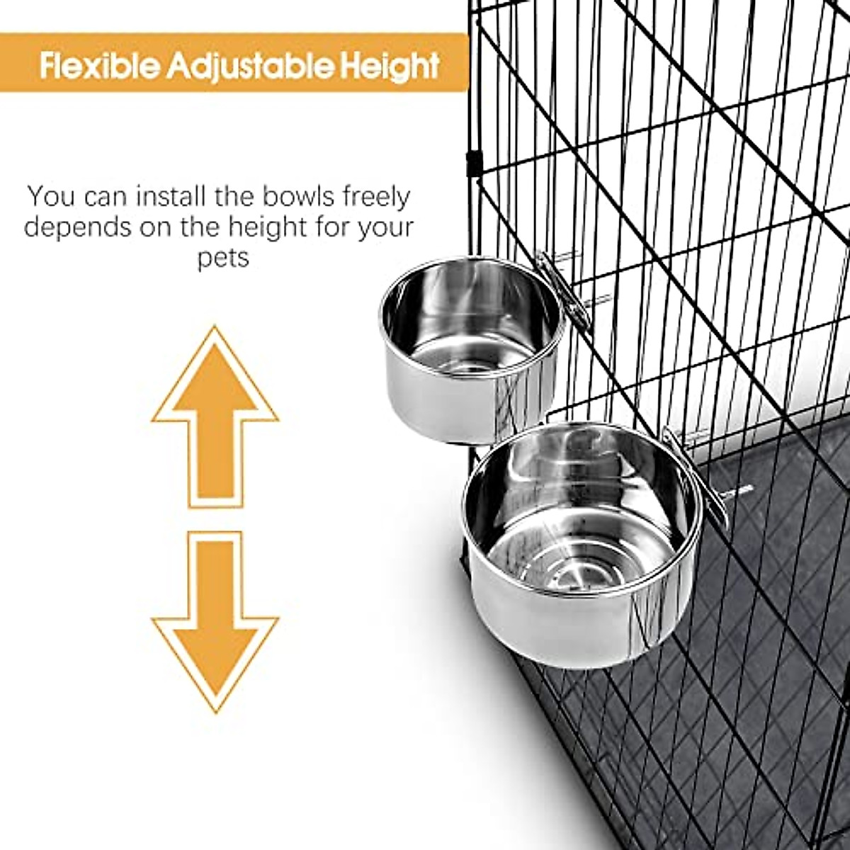 Yummy Sam 2 Pcs Large Pet Dog Food Water Bowl for Cage Stainless Steel Non-Spill Kennel Hanging Cats Bowls with Clamp Holder Crate Feeder Dish for Medium Large Dogs Huge Pets (7.1x3.5'' & 6.3x2.6'')