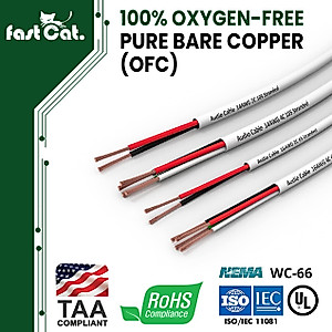 fast Cat. Speaker Wire 14 Guage 2C, UL Listed & CMR/CL3R-FT4 Rated - Speaker Cable w/PVC Jacket, 100% Oxygen-Free Pure Bare Copper - (105) HighFlex 14 Guage Wire - in-Wall Use-500ft Bulk Cable, White