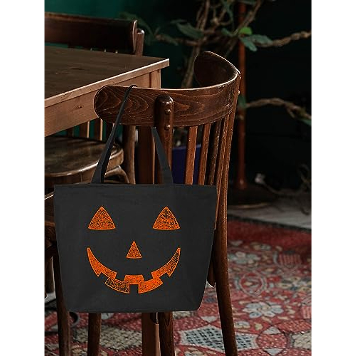 shop4ever Orange Jack O' Lantern Pumpkin Face Halloween Trick or Treat Heavy Canvas Tote with Zipper Reusable Shopping Bag Black ZIP 1