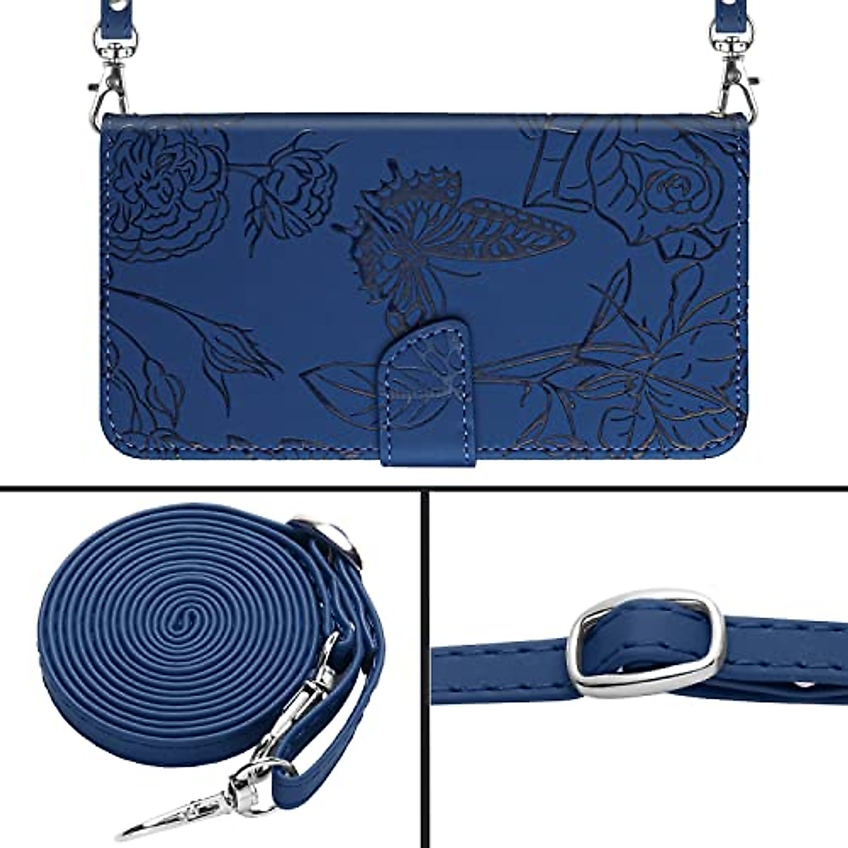 ONV Samsung Galaxy Note 10 Plus Flip Case - 1.5m Crossbody Lanyard Flip Wallet Case Magnetic Card Slot Foldable Embossed Butterfly Leather Case for Samsung Galaxy Note 10 Plus [Flower] - Blue