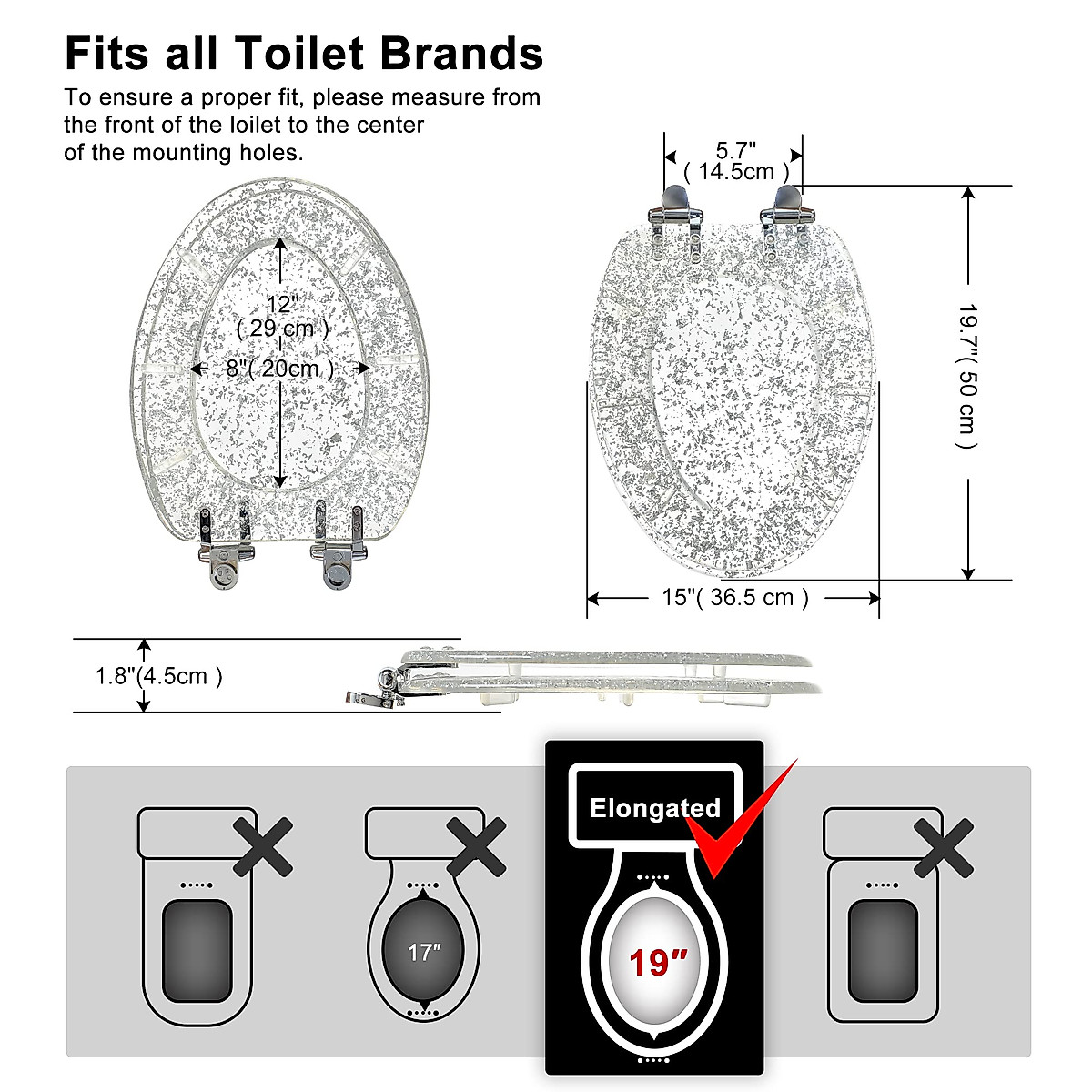 Resin Toilet Seat Elongated Soft Close Quick Release Heavy Duty Toilet Seats with Glitter Cover Acrylic Seats Silver Foil 19 Inch