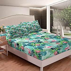 Erosebridal Pink Flamingo Bed Sheets Set for Girls Women Green Palm Leaves Print Sheet Set, Flamingo Decor Fitted Sheet Romantic Theme Sheets Cute Animal Flamingo Flat Sheet 4 Pcs with 2 Pillowcases