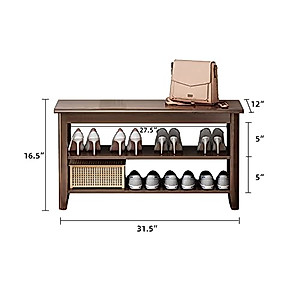 HOOTSMALL Entryway Shoe Rack Bench 2-Tier Wooden Shoe Storage Ideal for Entryway Living Room and Corridor (Brown 31.5'')