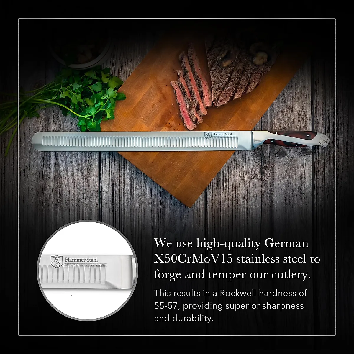 Hammer Stahl 14 Inch Brisket Knife | German Forged High Carbon Carving Knife | Stainless Steel Meat Knife | Brisket Slicing Knife with Ergonomic Quad-Tang Pakkawood Handle & Gift Box