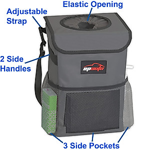 EPAuto Waterproof Car Trash Can with Lid and Storage Pockets, Dark Grey