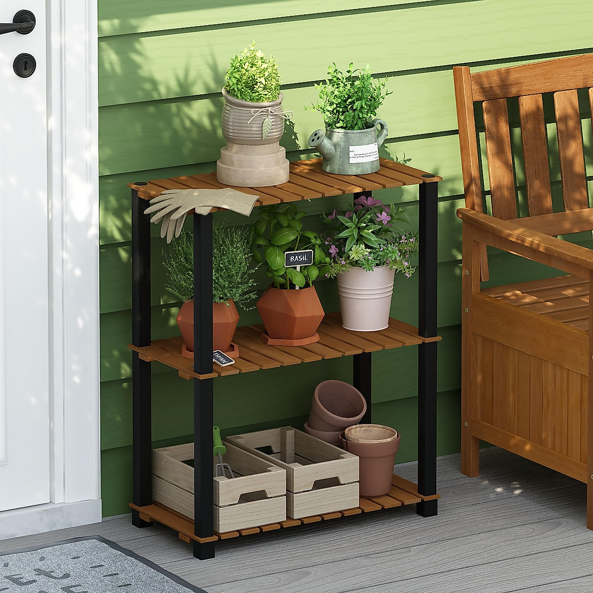 Furinno Pangkor 3-Tier Turn-N-Tube Indoor Outdoor Plant Shelf Wood Stand with Square Poles, Natural/Black
