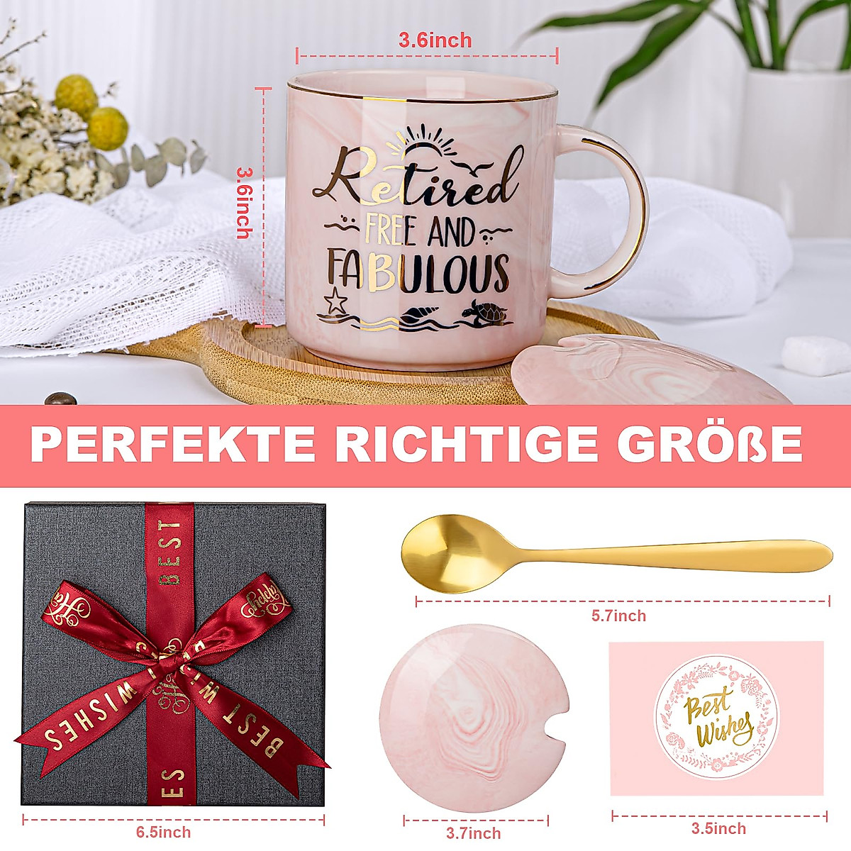 Retirement Gifts for Women 2024 - Retirement Gifts for Women, Coworker Leaving Gifts, Farewell Gifts, Going Away, Goodbye Gifts, Retired Free And Fabulous -14oz Pink Marble Coffee Mug, Gift box