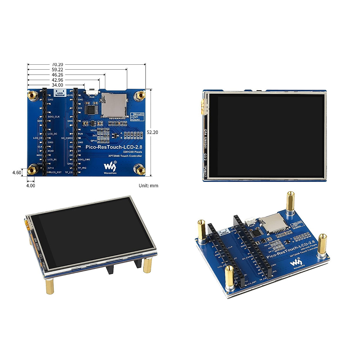 waveshare for Raspberry Pi Pico LCD 2.8inch Touch Display Module 320×240 Resolution 262K Colors Display IPS Screen,Resistive Touch Controller XPT2046, ST7789 Driver, Using SPI Bus