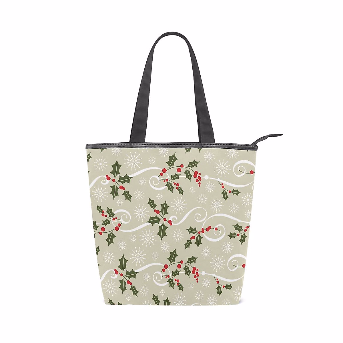 Christmas Holly Berry Tote Handbag for Women Tote Bag, Canvas + leather Shoulder Bag, Hobo bag, Satchel Purse(237ri1a)