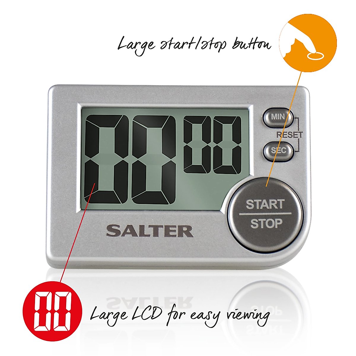 Salter 397 SVXR Electric Timer, Digital Stopwatch, Memory Function, Magnetic or Self Standing, Stick on Fridge, Count Up/Down, 99 Min 59 Sec, Beeper Sound, Start/Stop Button, Grey,1.5D x 5.2W x 7.6Hcm