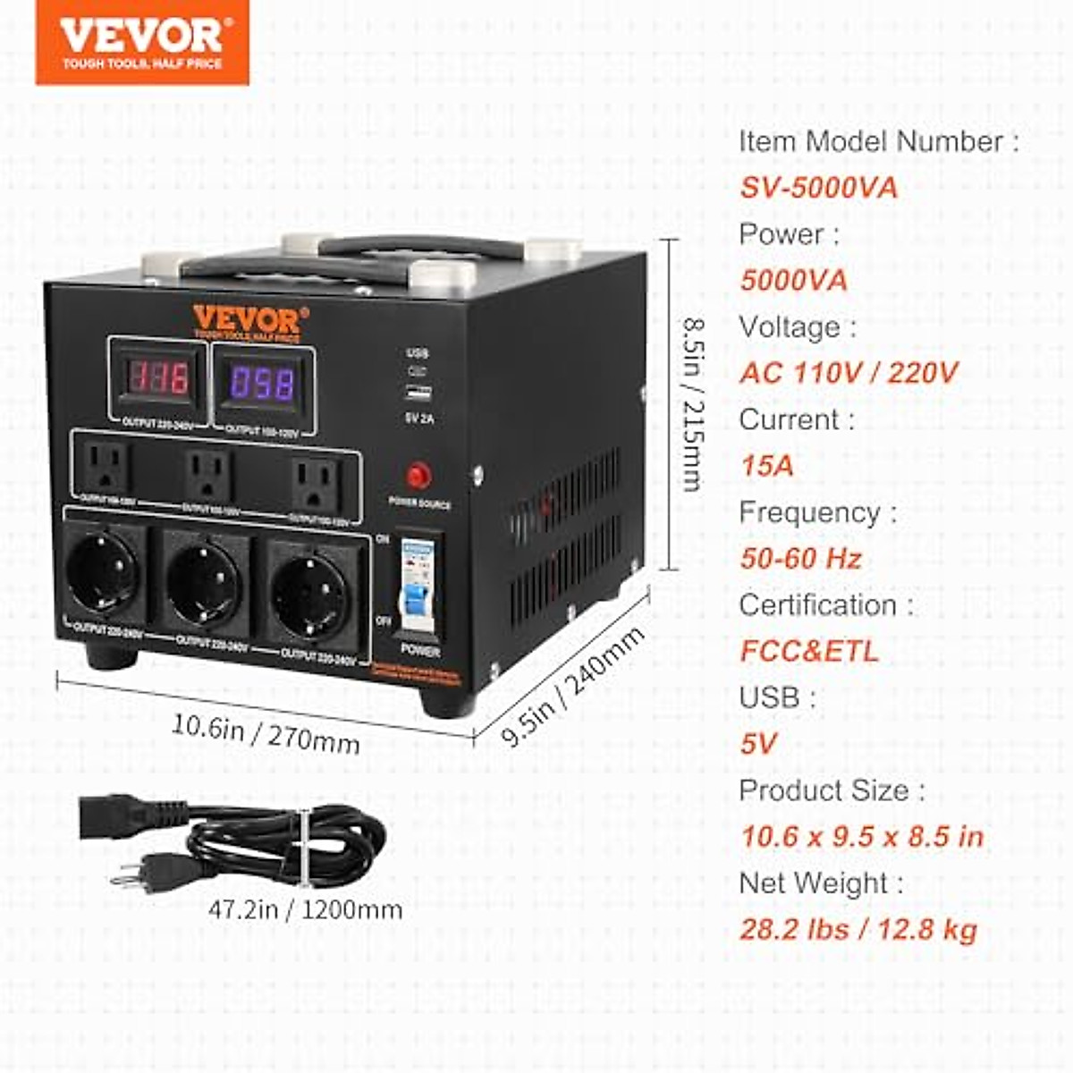 VEVOR Voltage Converter Transformer, 5000W, Heavy Duty Step Up/Down Transformer, Convert from 110 Volt to 220 Volt and from 220 Volt to 110 Volt, with US Outlet EU Outlet 5V USB Port, CE Certified