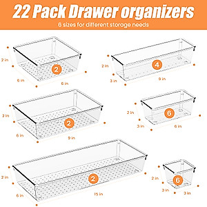 Criusia 22 Pcs Drawer Organizer Bins, Acrylic Non Slip Kitchen Drawer Organizers Storage Tray Divider, Multifunctional Storage for Cosmetics, Bathroom, Tools, Kitchen and Office