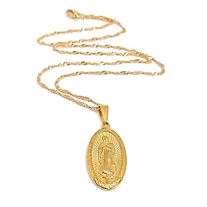 LESLIE BOULES 18K Gold Plated Guadalupe Medal Necklace 18 Inches Length Virgin Mary Jewelry