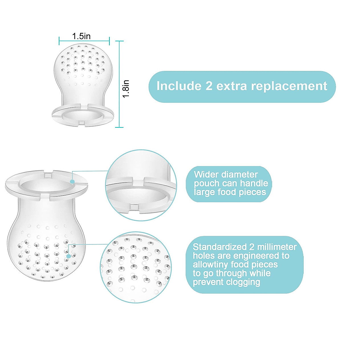 PandaEar 2 Pack Baby Fresh Fruit Food Feeder Nibbler Pacifier with 2 Silicone Replacement Pouches| Training Massaging Toy Teether| Food Grade Soft Safe BPA-Free| Babies Toddlers Infants Kids