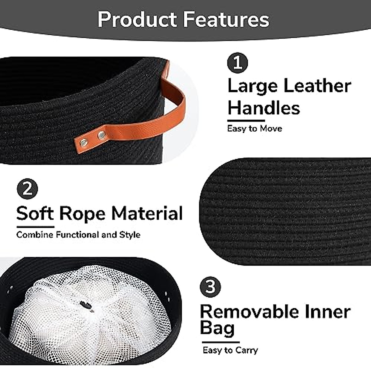 Goodpick Large Laundry Basket, 60L Tall Laundry Hamper with laundry Bag for Blankets, Clothes, Black Rope Laundry Basket for Living Room, 15 x 20 Inches