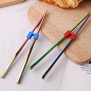 KIDSFANTASY 5 Pairs Non-slip Training Chopsticks Iridescent Chopsticks with Chopstick Helpers Chopsticks Holder for Adult Trainers Beginners(Bright Colors,Stainless Steel)