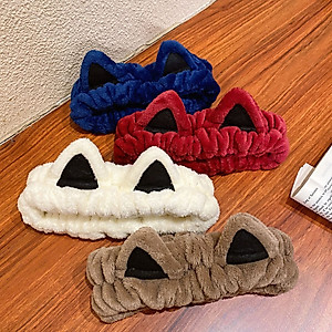 Hofar Cat Face Wash Headband Hairband with Cat Ears Coral Fleece Cartoon Cute Creative Hair Accessories
