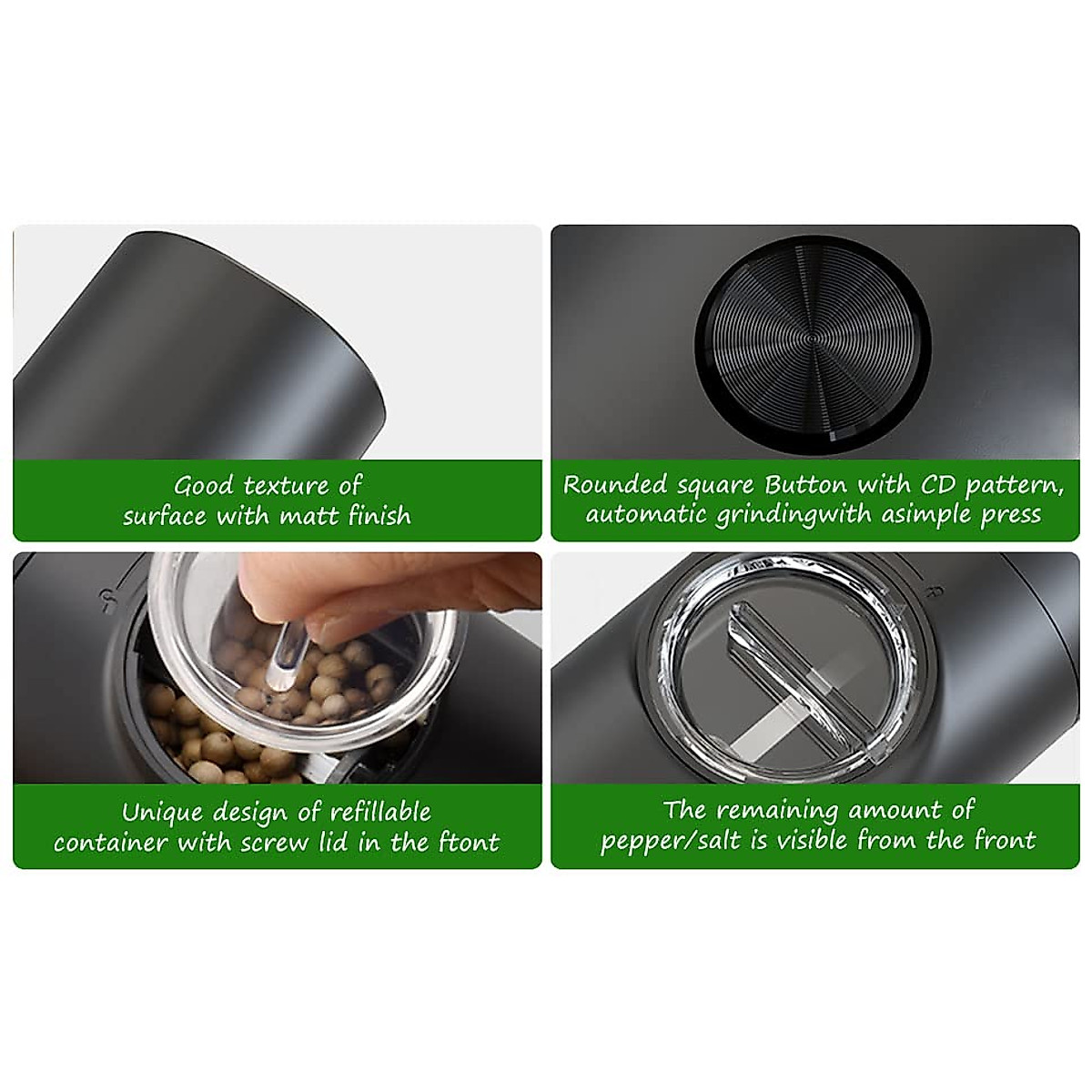 Saknaop Electric Pepper Grinder，Pepper Salt Mill Grinder refillable with Gravity Sensor Switch, Salt Grinder Spice Grinder with Adjustable Coarseness and LED Blue Light,Battery Operated