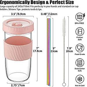 Reusable Boba Cup Bubble Tea Cup 2 Pack, 24Oz Wide Mouth Smoothie Cups with Lids Straws Silicone Sleeve, Leakproof Glass Mason Jars Drinking Water Bottle Travel Tumbler for Large Pearl Christmas Gifts