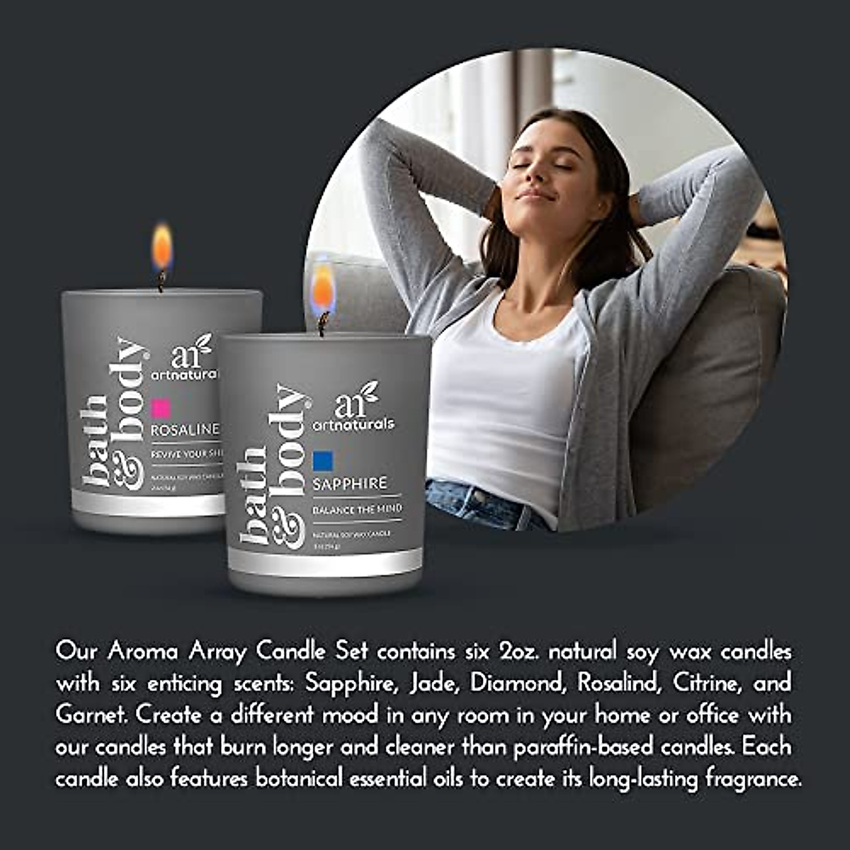 artnaturals Scented Candle Gift Set – (6 x 2 Oz / 60g) - Aromatherapy Set of Fragrance Soy Wax Candles - Made in USA with Essential Oils – for Stress Relief and Relaxation