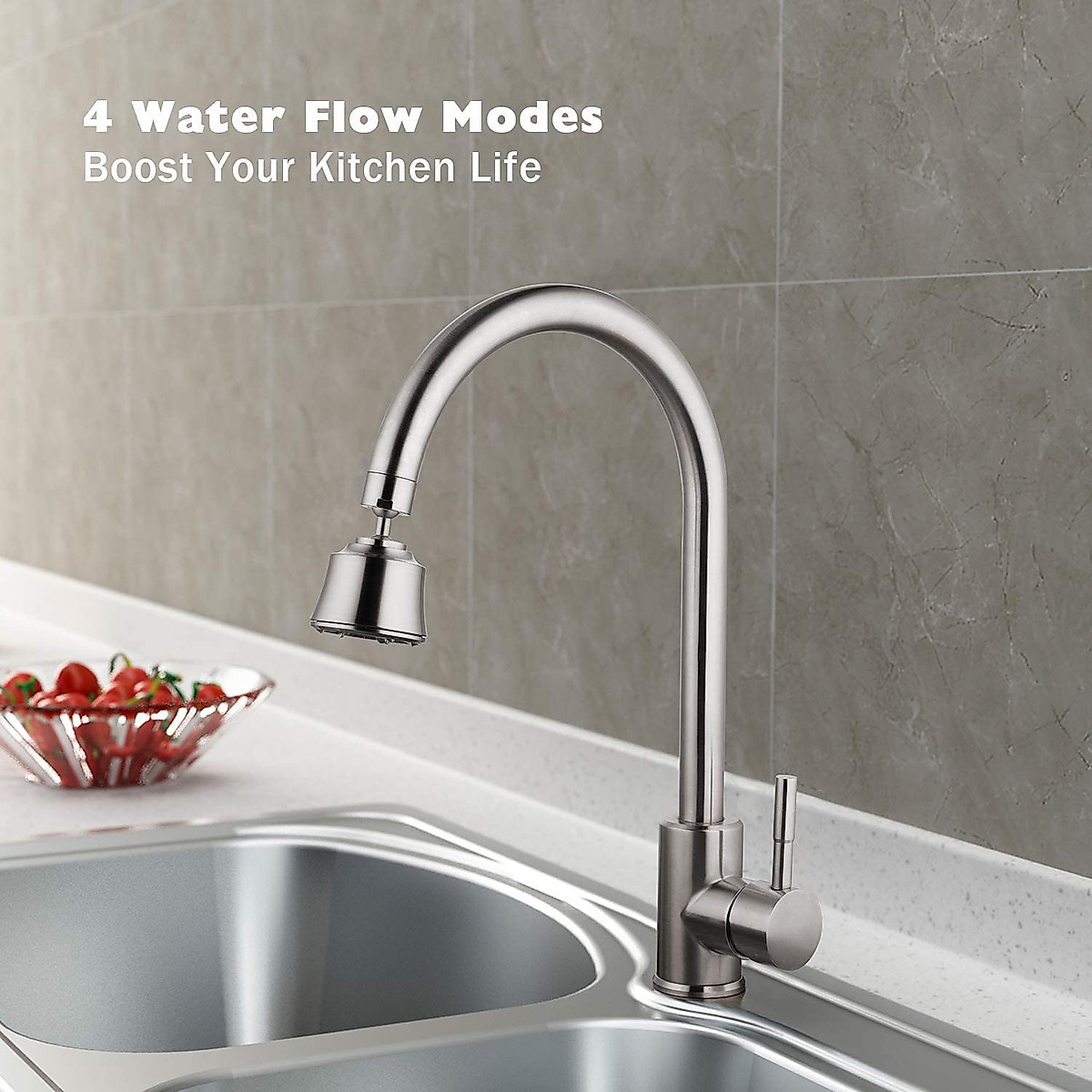 Brushed Nickel Kitchen Sink Side Sprayer Replacement + Brushed Nickel Kitchen Sink Faucet Head with 2 Ball Joint, 4 Spray Models