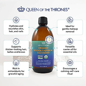 QUEEN OF THE THRONES Organic Golden Castor Oil | 100% Pure for Hair, Skin, Nails, Brows & Lashes | Hexane-Free | USDA Certified [16.9oz (500ml)]
