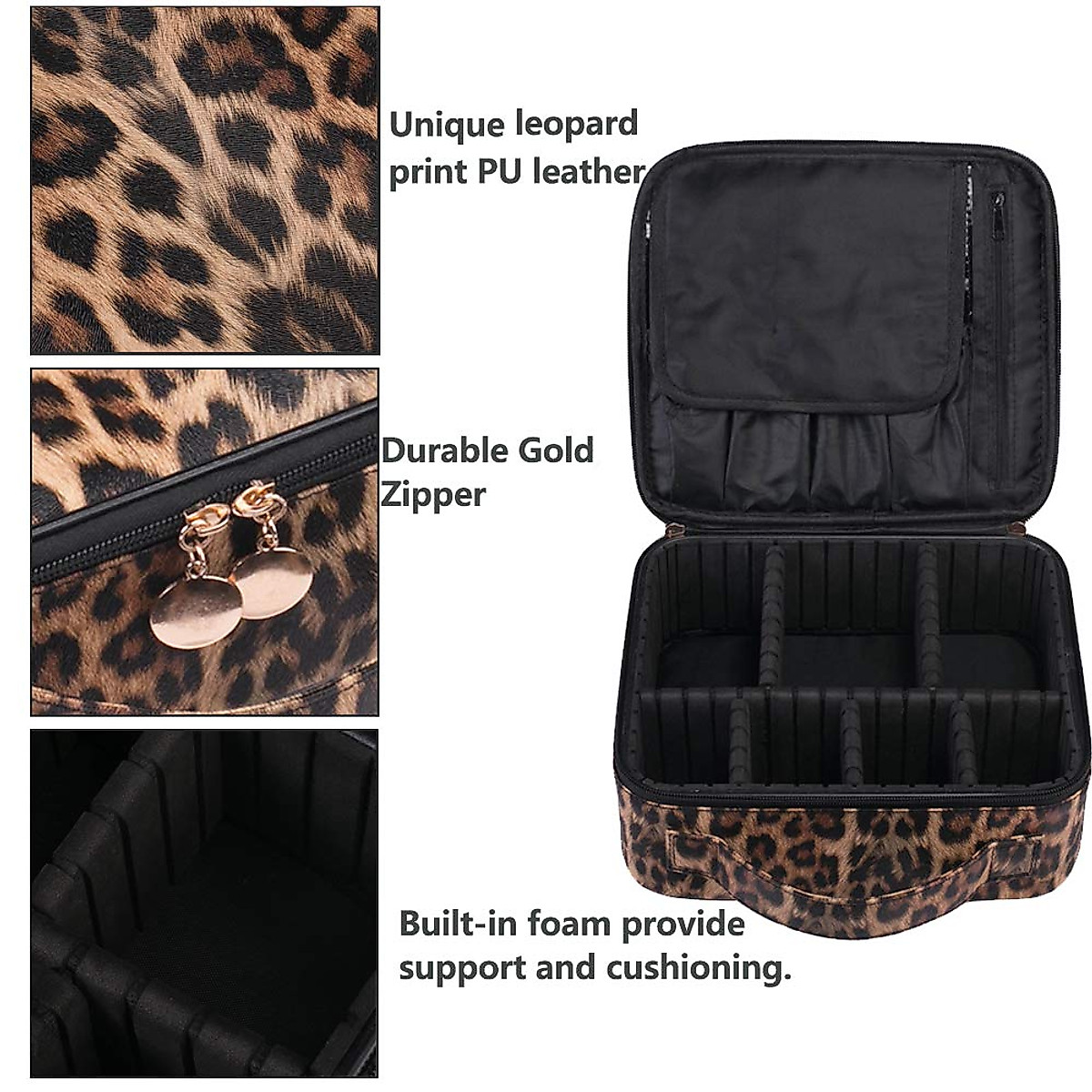 OXYTRA Makeup Bag Leopard Print PU Leather Travel Cosmetic Bag for Women Girls - Cute Large Makeup Case Cosmetic Train Case Organizer with Adjustable Dividers for Cosmetics Make Up Tools