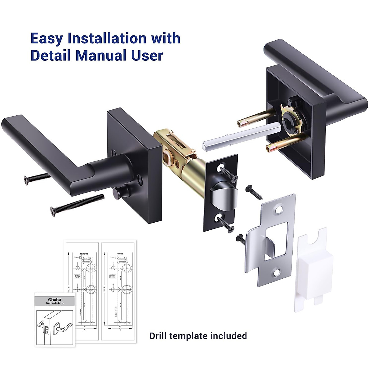 Ohuhu Black Door Handle, 6 Pack Door Knobs Interior Matte Heavy Duty Privacy Door Lever with Lock - Square Modern Passage Locking Set Contemporary Reversible Keyless for Bedroom Bathroom Satin Zinc