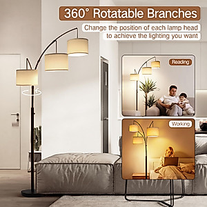OUTON Arc Led Floor Lamp, Modern Black 3 Light Tall Floor Lamp for Bedroom, 2400lm Mid Century Adjustable Standing Corner Lamps for Living Room Office, 3 LED Bulbs Included, White Lampshade