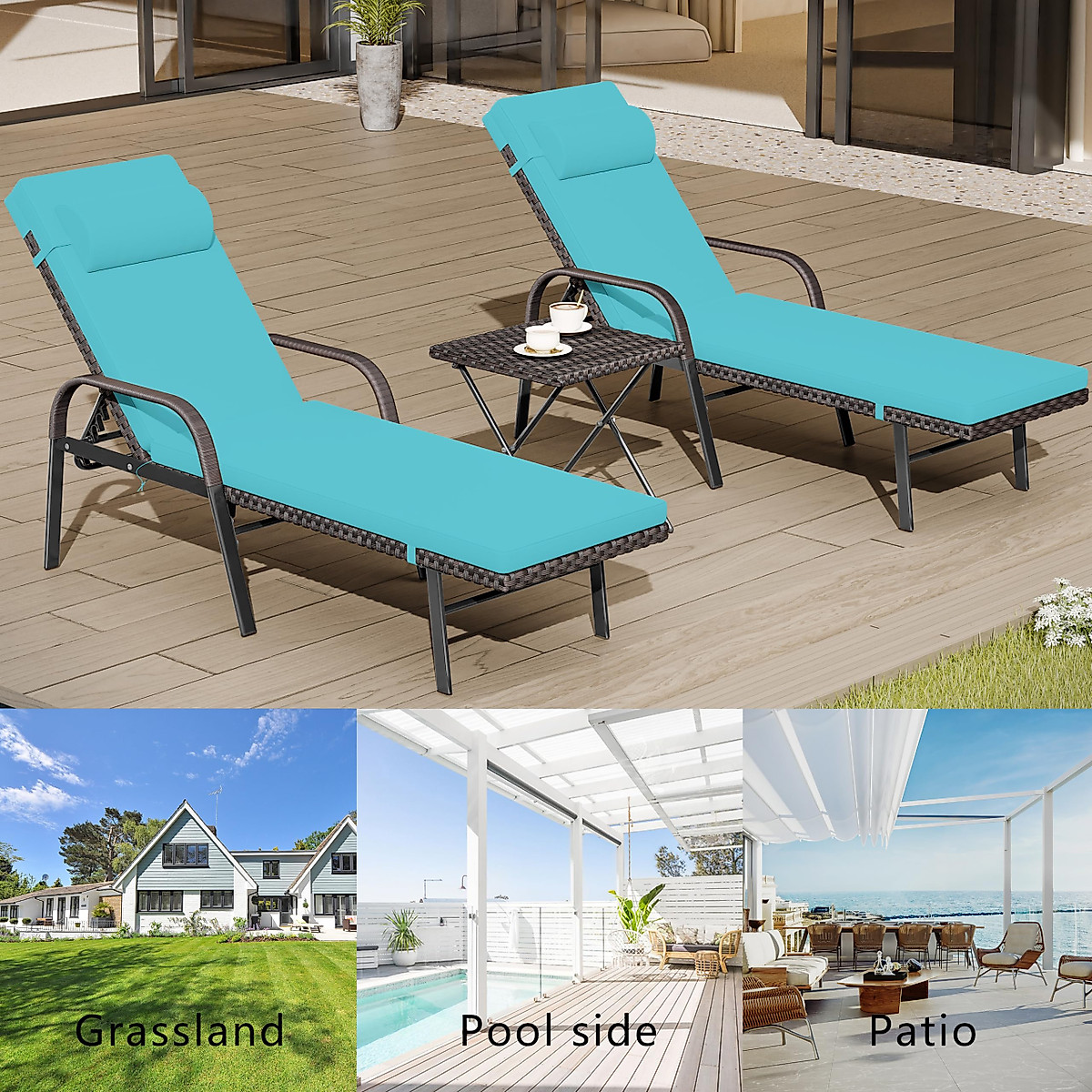 ASJMR Patio Chaise Lounge Set 3 Pieces Outdoor Lounge Chair with Rattan Adjustable Backrest Armrest and Folding Table for Beach Patio,Sand, for Poolside Backyard Porch
