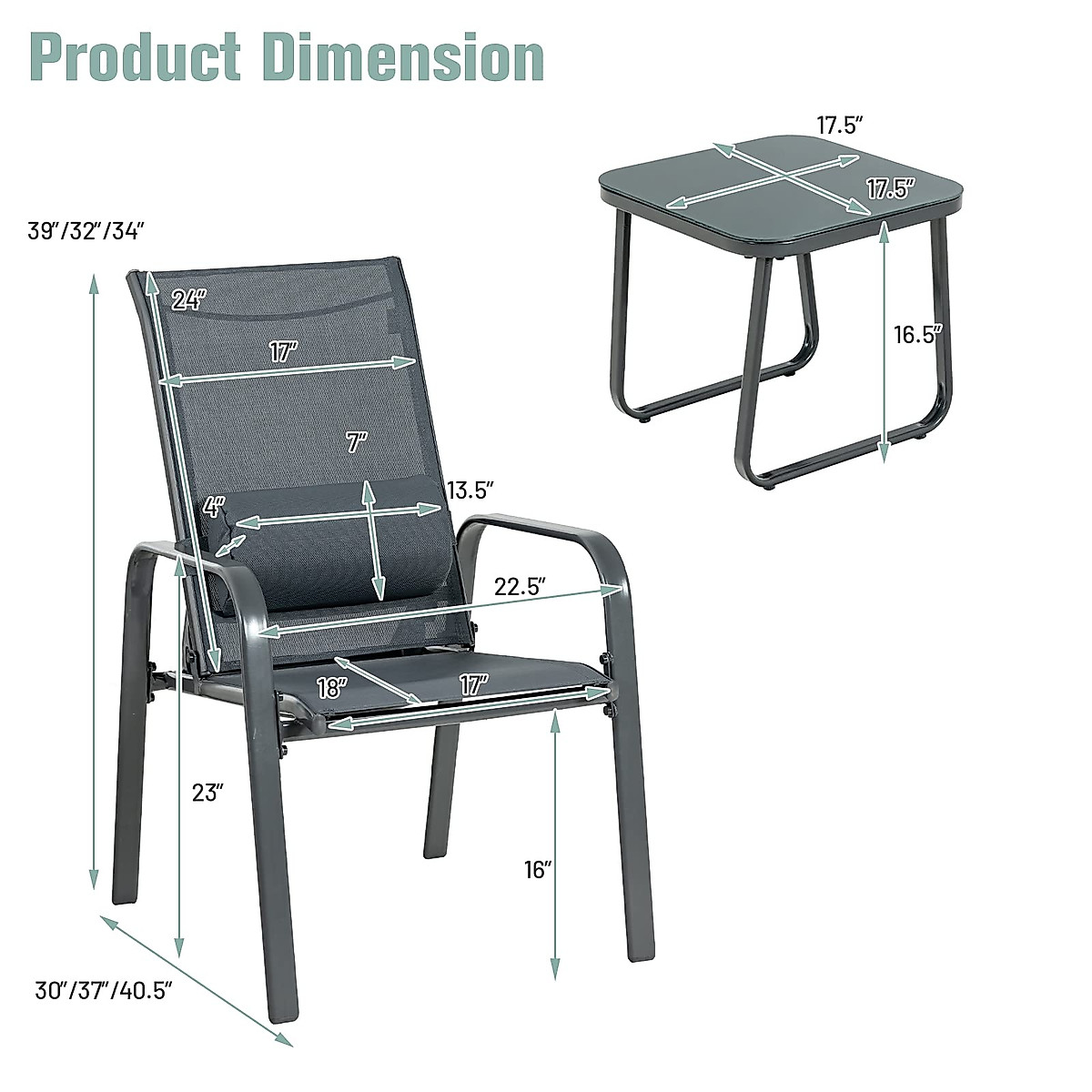 Tangkula 3 Piece Outdoor Bistro Set, Patio Stackable Chairs with Adjustable & Folding Backrest, Removable Headrest and Tempered Glass Coffee Table Set, Patio Conversation Set with Steel Frame (Grey)